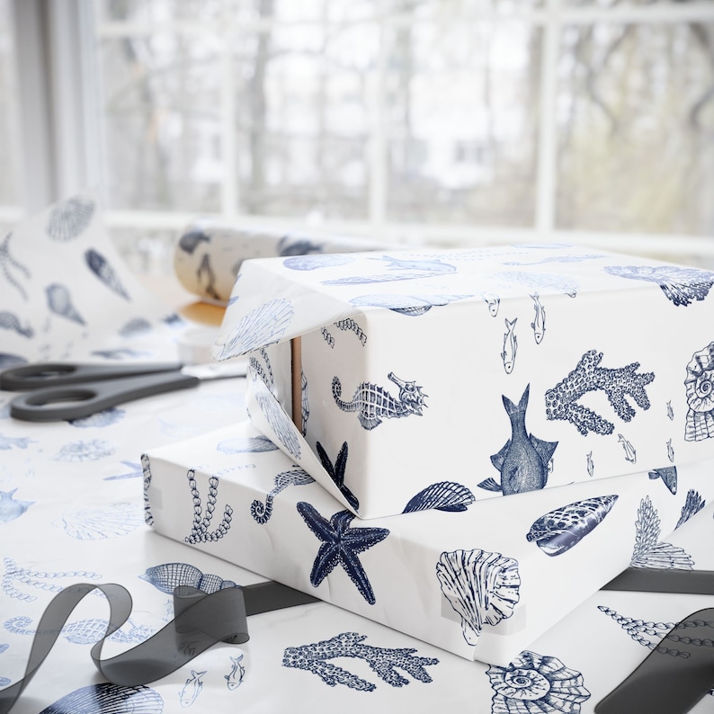 Blue Coastal Wrapping Paper Roll, Beach Wrapping, Cute Gift Wrap ...