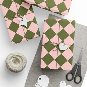 Green & Pink Checkered Wrapping Paper Roll, Boho Gift Wrapping, Pink ...