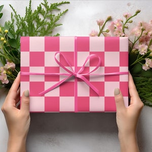 Pink Retro Checkered Wrapping Paper Roll, Pink Gingham Gift Wrap ...