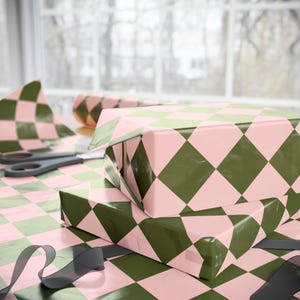 Green & Pink Checkered Wrapping Paper Roll, Boho Gift Wrapping, Pink ...