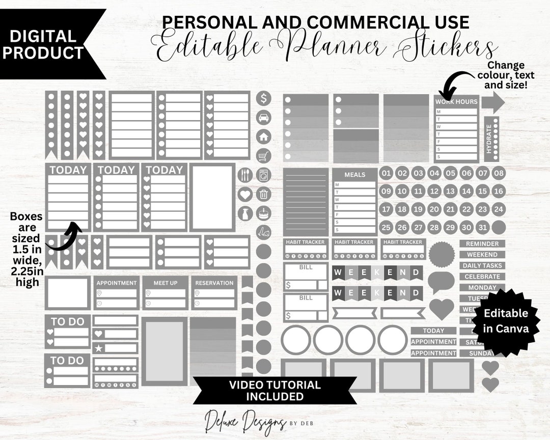 100+ Editable Functional Planner Stickers - Personal and Commercial Use ...
