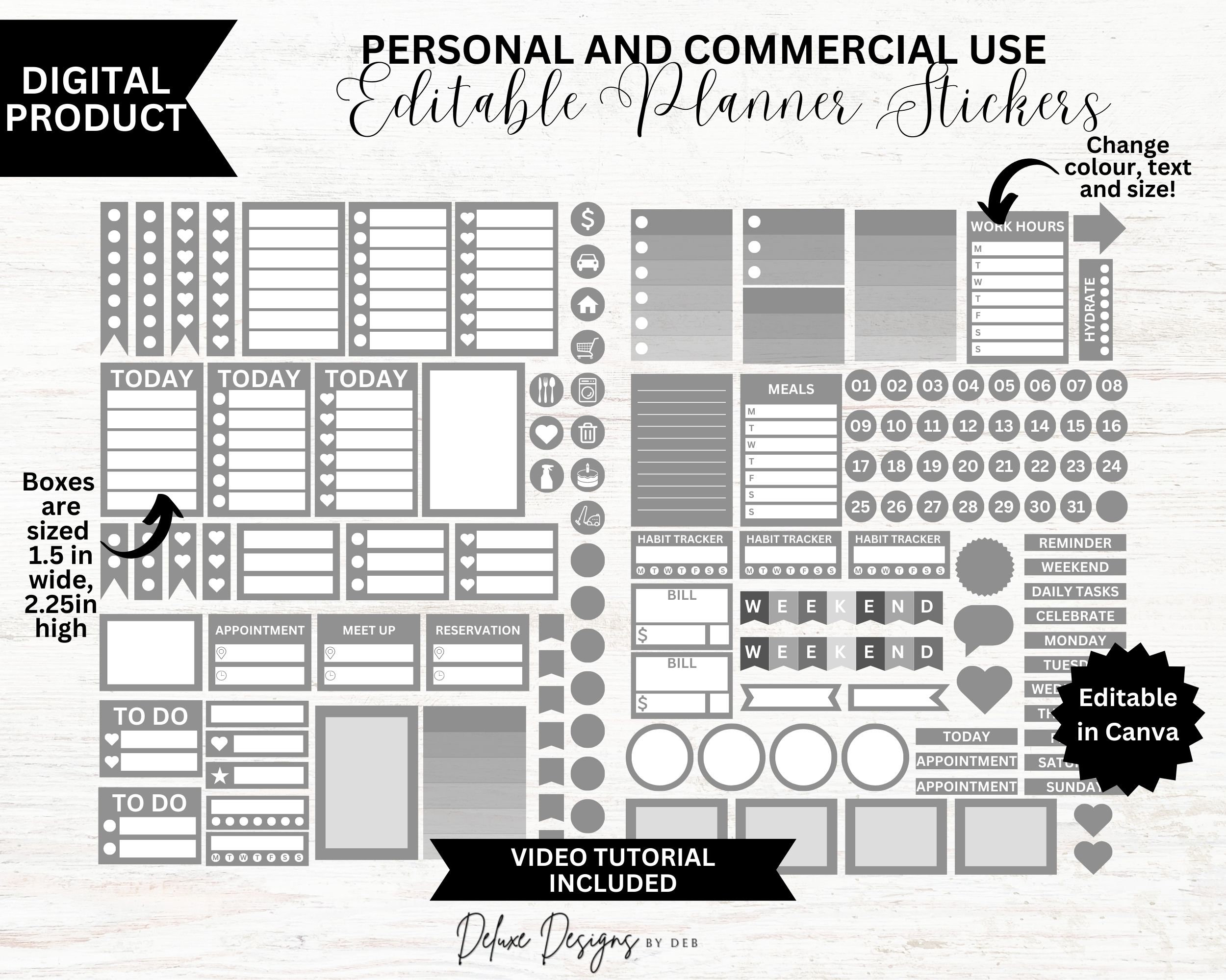 100+ Editable Functional Planner Stickers - Personal and Commercial Use ...