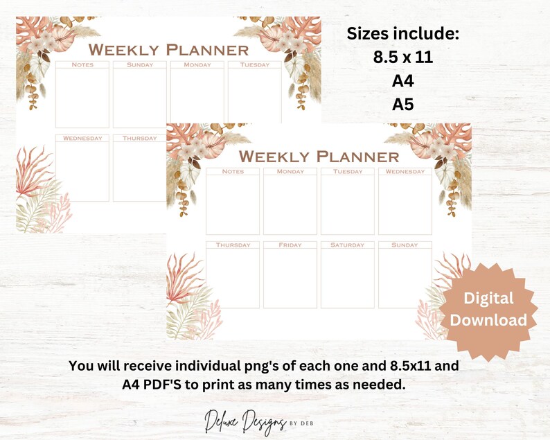 Printable Boho Flowers Weekly Planner - 3 Sizes A4,A5 and 8.5x11 - Pdf ...