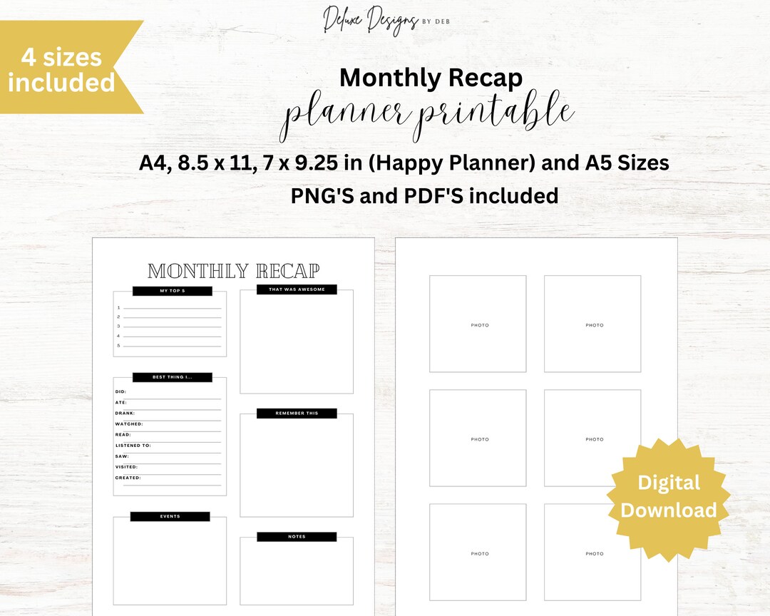 Printable Monthly Recap Planner Pages - 4 Sizes - 8.5 X 11, A4, A5 ...
