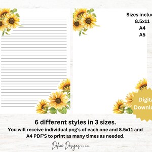 Printable Sunflower Writing Paper - 6 Styles - 3 Sizes - 8.5 X 11, A4 ...