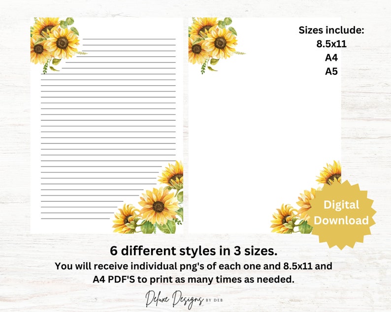 Printable Sunflower Writing Paper - 6 Styles - 3 Sizes - 8.5 X 11, A4, A5 Pdf's and PNG'S ...