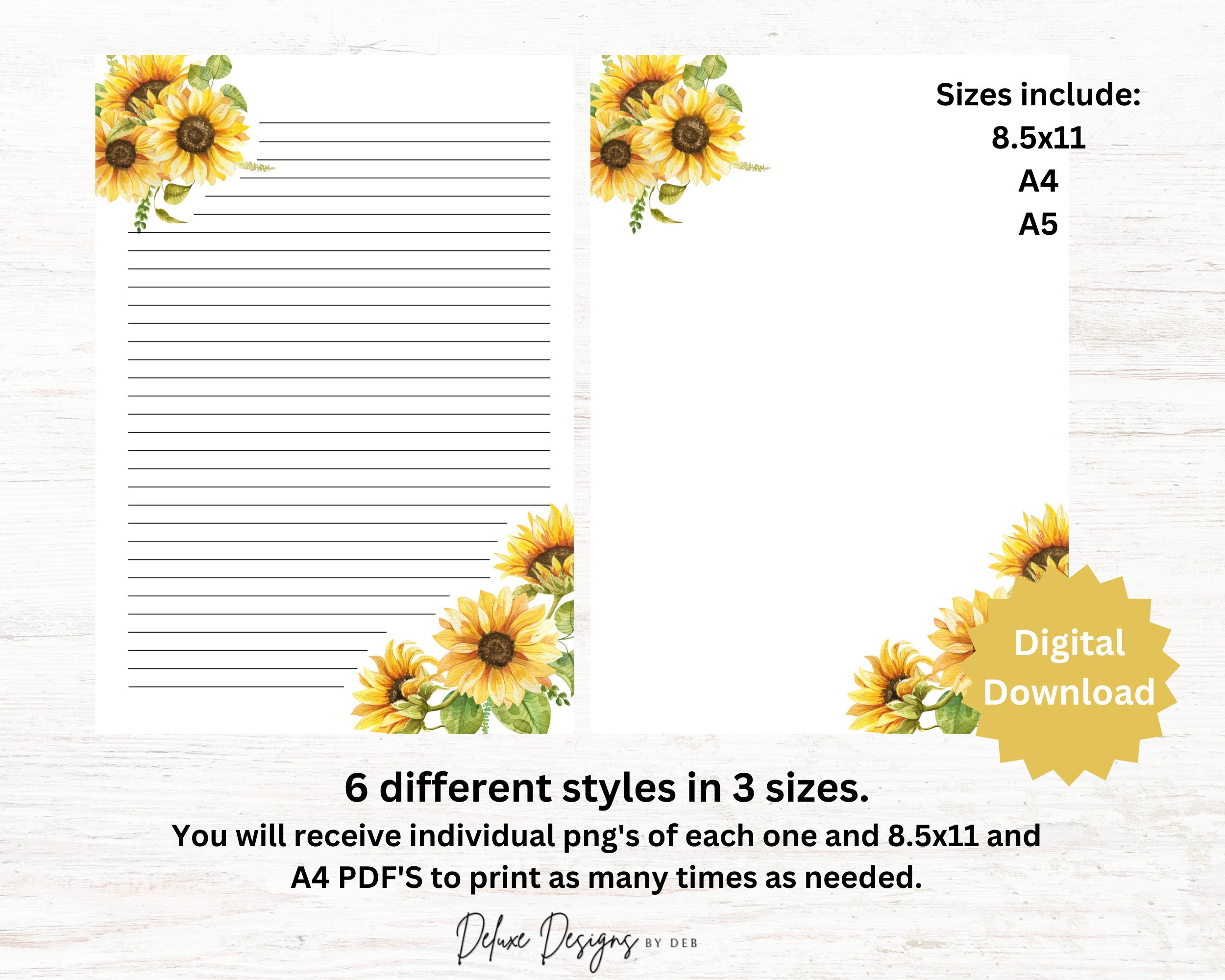 Printable Sunflower Writing Paper - 6 Styles - 3 Sizes - 8.5 X 11, A4, A5 Pdf's and PNG'S ...
