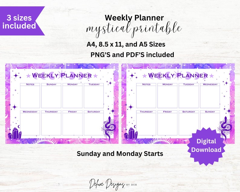 Printable Mystical Weekly Planner - 3 Sizes A4,A5 and 8.5x11 - Pdf's ...