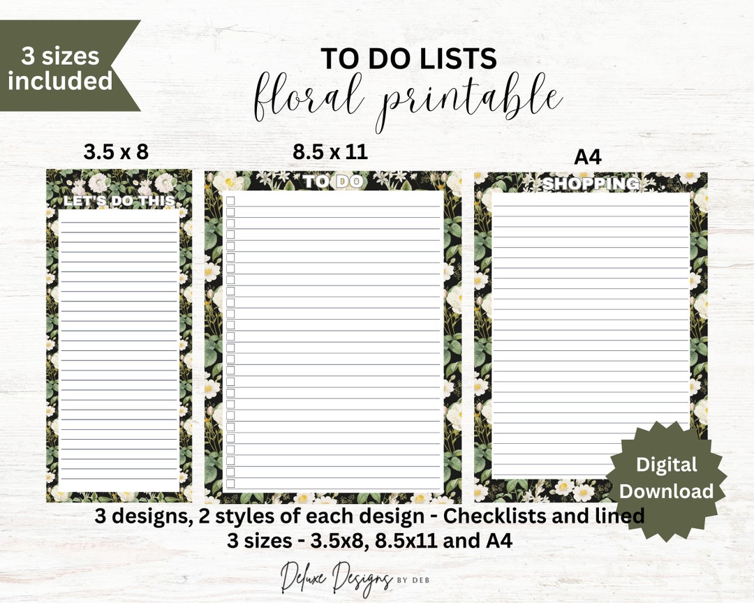 Printable Dark Floral to Do and Shopping Lists 3 Designs 2 Styles of ...