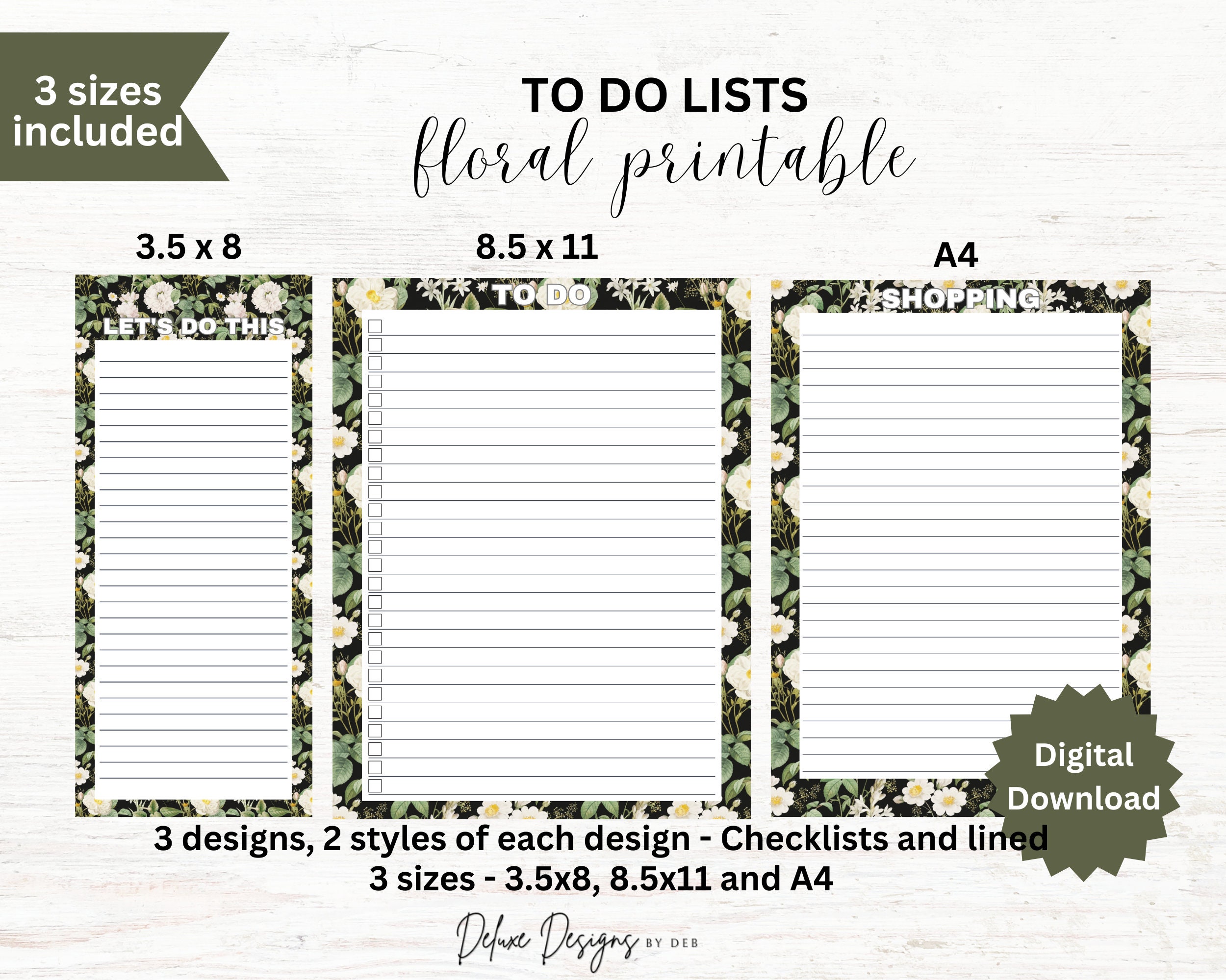 Printable Dark Floral to Do and Shopping Lists 3 Designs 2 Styles of ...