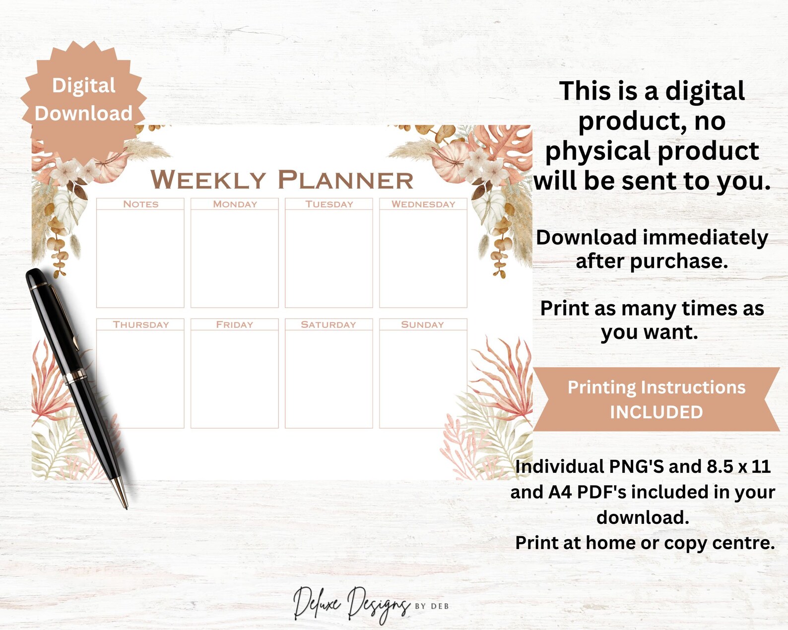 Printable Boho Flowers Weekly Planner - 3 Sizes A4,A5 and 8.5x11 - Pdf ...