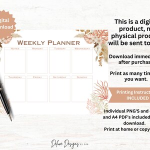 Printable Boho Flowers Weekly Planner - 3 Sizes A4,A5 and 8.5x11 - Pdf ...
