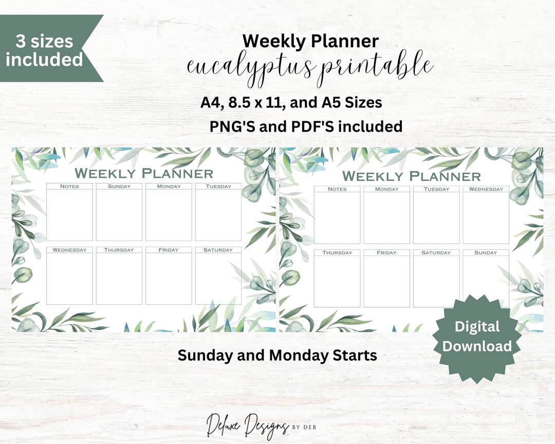 Printable Eucalyptus Weekly Planner - 3 Sizes A4,A5 and 8.5x11 - Pdf's ...