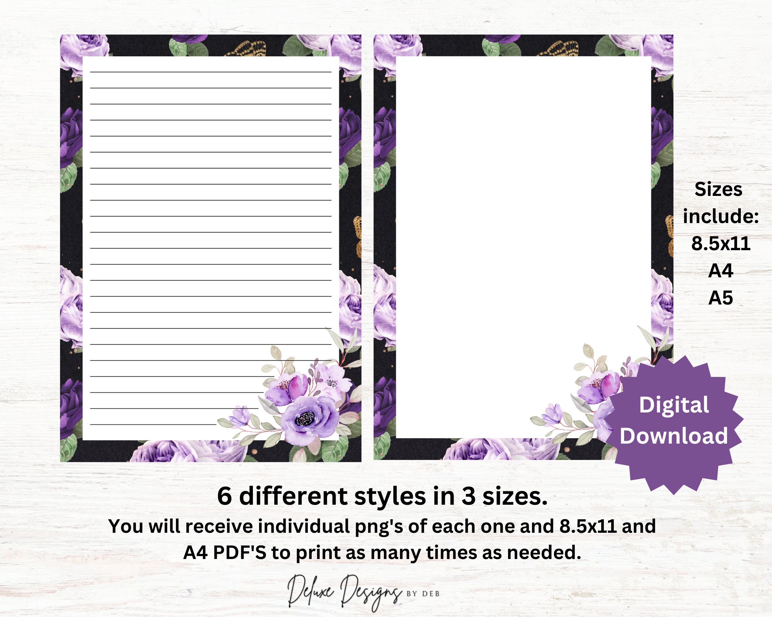 Printable Dark Purple Floral Writing Paper 6 Styles 4 Sizes 8.5 X 11, A4, A5 Pdf's and PNG'S ...