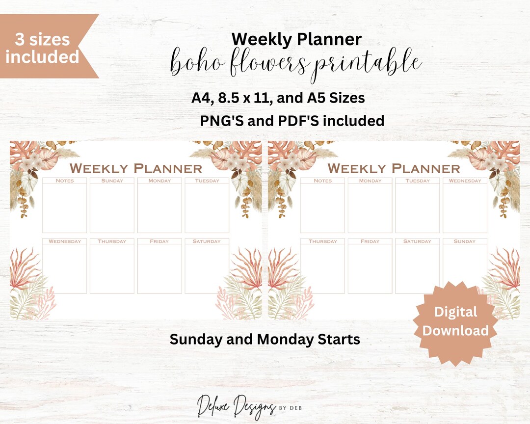 Printable Boho Flowers Weekly Planner - 3 Sizes A4,A5 and 8.5x11 - Pdf ...