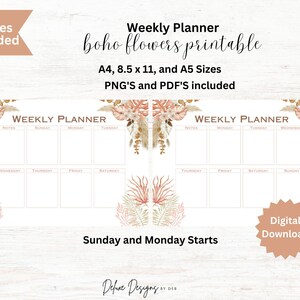 Printable Boho Flowers Weekly Planner - 3 Sizes A4,A5 and 8.5x11 - Pdf ...