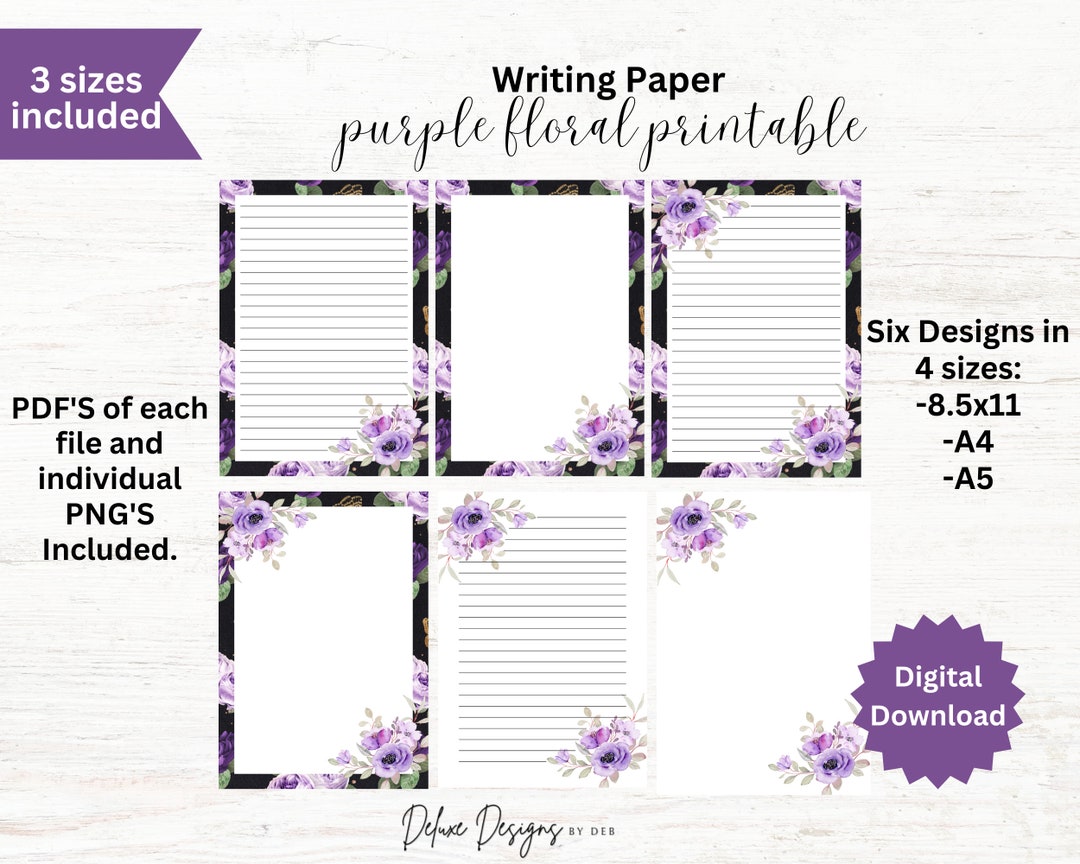 Printable Dark Purple Floral Writing Paper - 6 Styles - 4 Sizes - 8.5 X ...