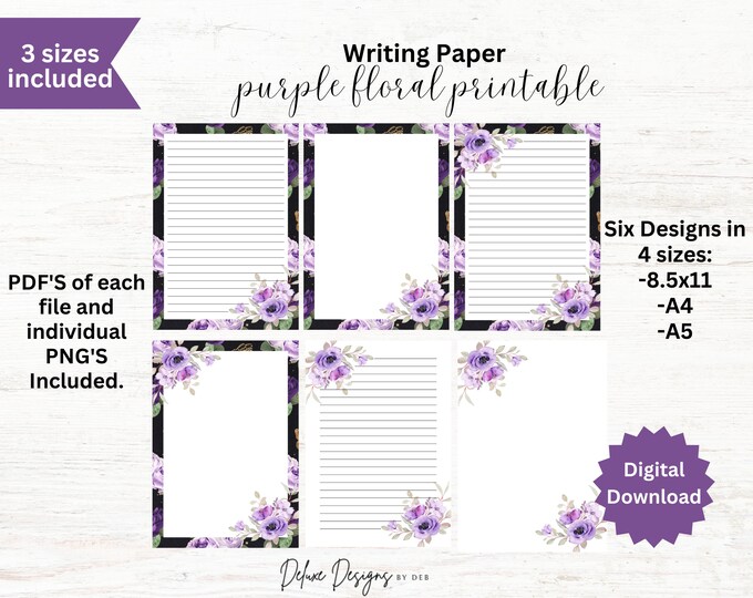 Purple Floral Printable Stationery, Digital Stationery, Instantly ...