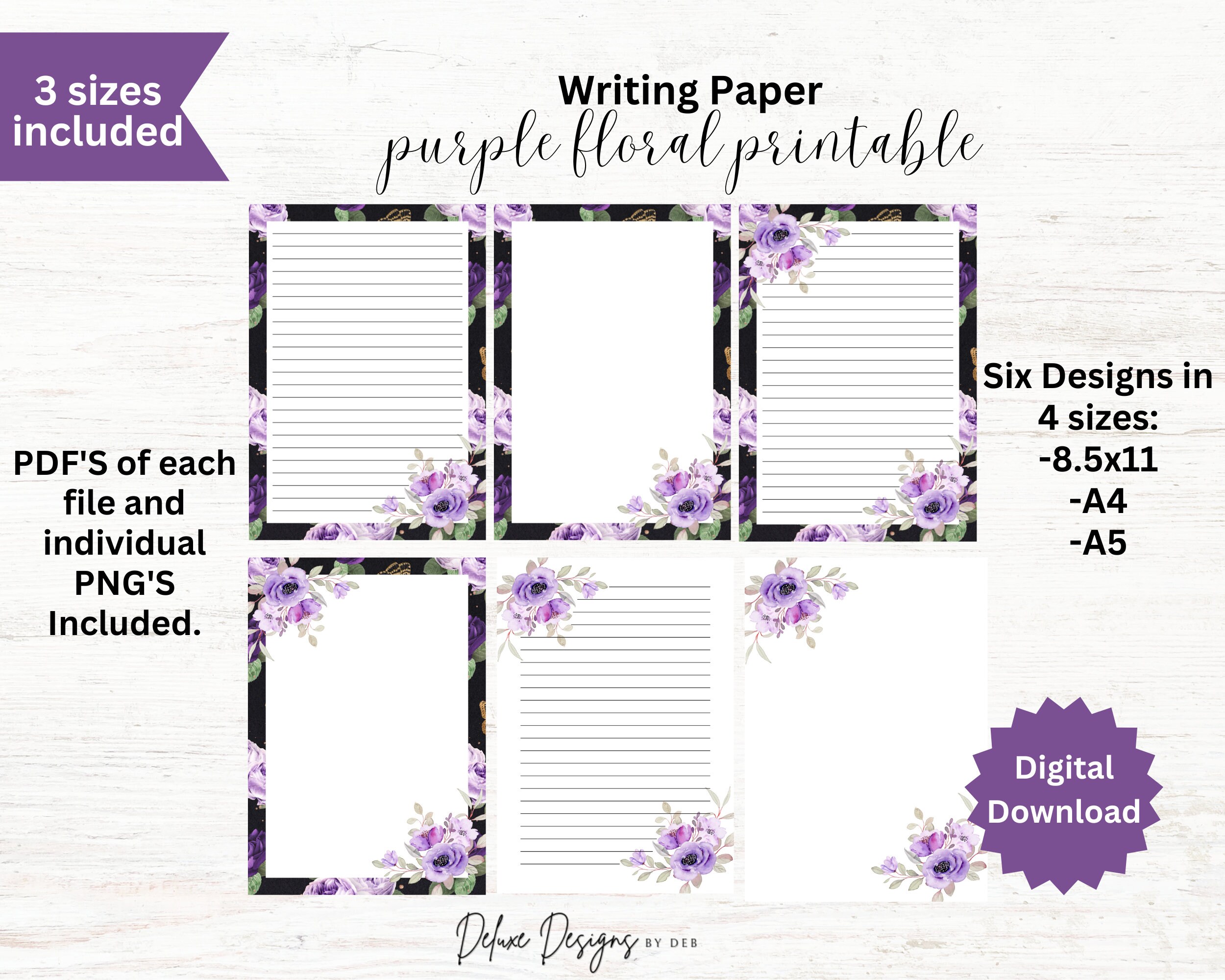 Printable Dark Purple Floral Writing Paper - 6 Styles - 4 Sizes - 8.5 X 11, A4, A5 Pdf's and PNG ...