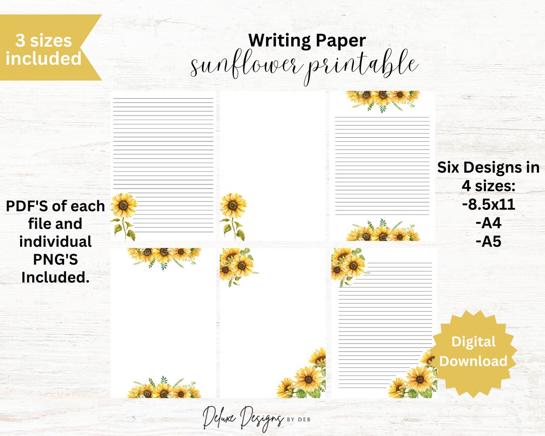 Printable Sunflower Writing Paper - 6 Styles - 3 Sizes - 8.5 X 11, A4 ...