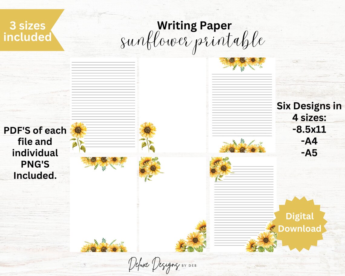 Printable Sunflower Writing Paper - 6 Styles - 3 Sizes - 8.5 X 11, A4 ...