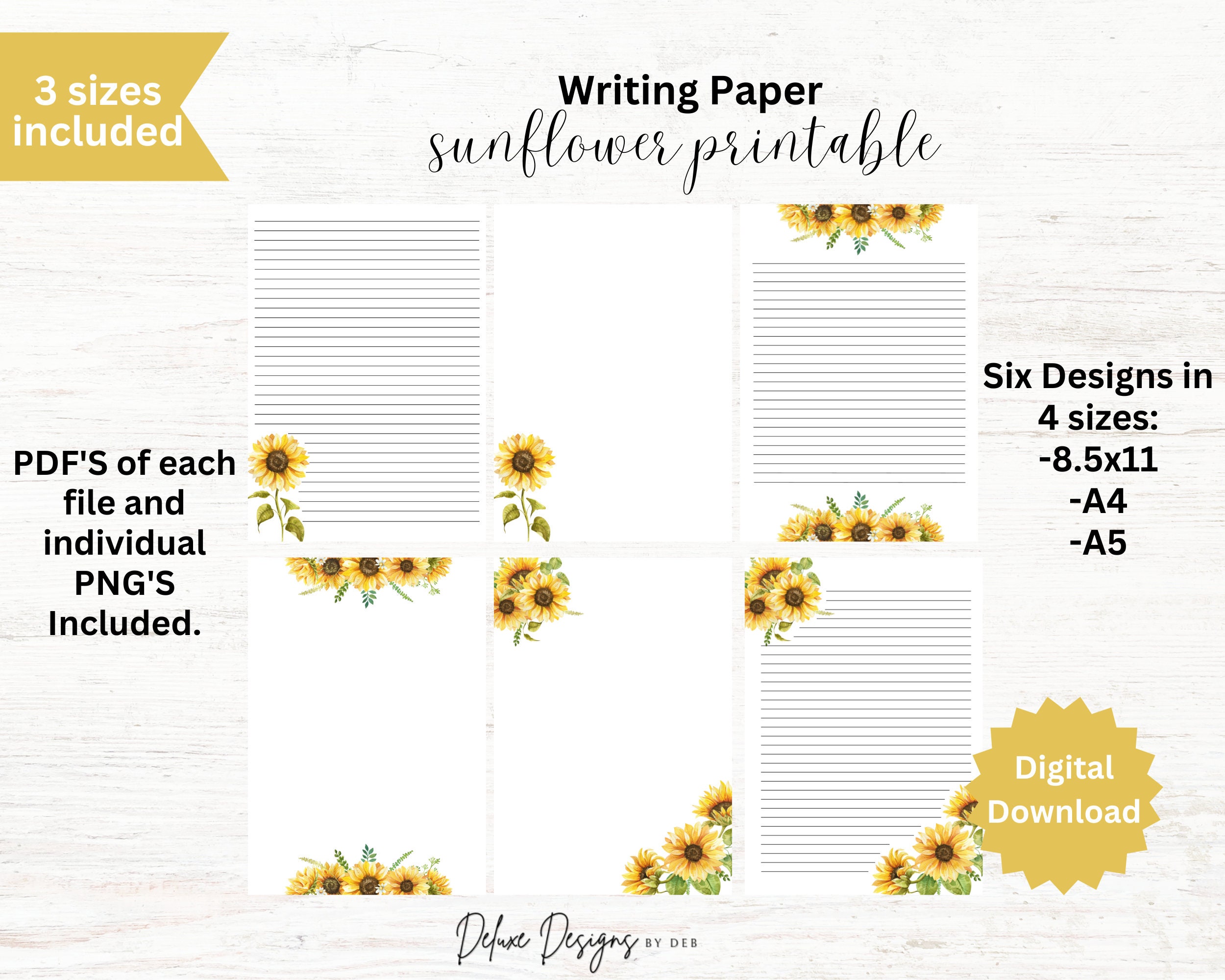 Printable Sunflower Writing Paper - 6 Styles - 3 Sizes - 8.5 X 11, A4, A5 Pdf's and PNG'S ...