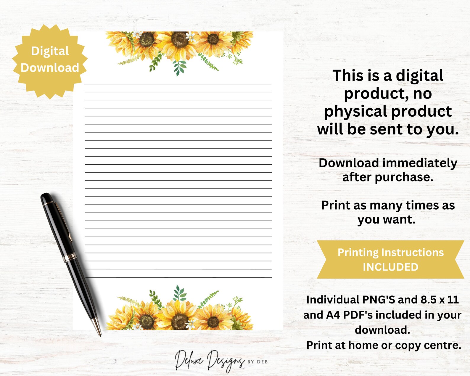 Printable Sunflower Writing Paper - 6 Styles - 3 Sizes - 8.5 X 11, A4, A5 Pdf's and PNG'S ...