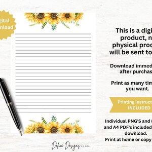 Printable Sunflower Writing Paper - 6 Styles - 3 Sizes - 8.5 X 11, A4, A5 Pdf's and PNG'S ...