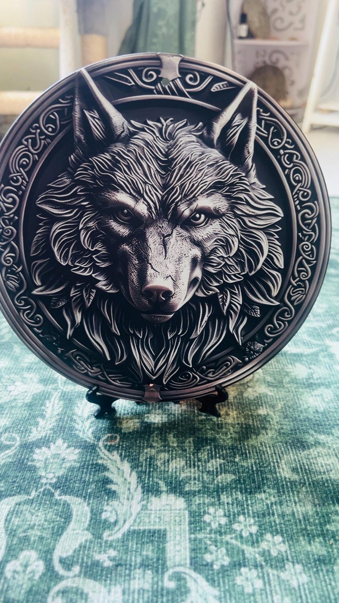 Metal Plate Norse Pagan 3D Wolf Design With Stand Has Holes so Can Be ...