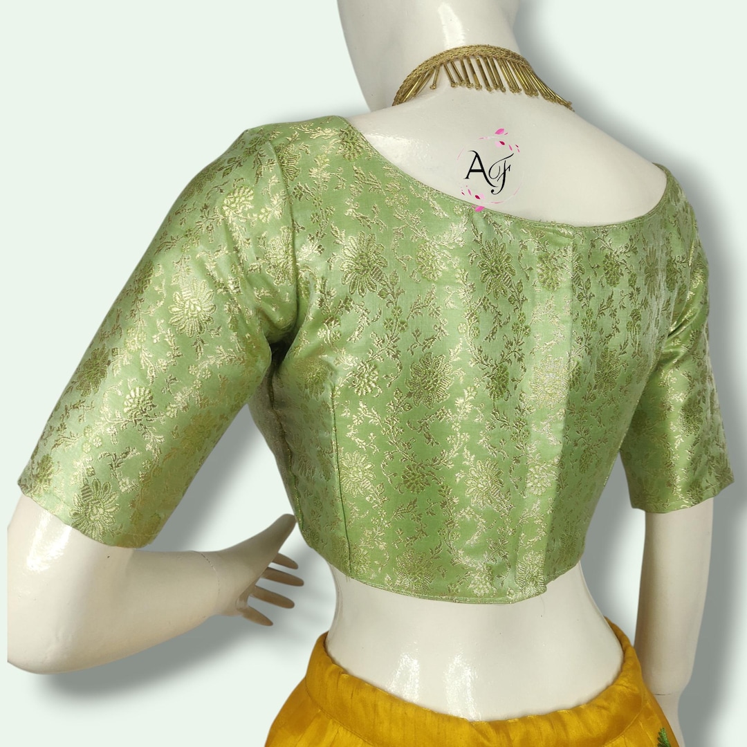 Fluorescent Pista Green Blouse With Boat Neck and Padded Bust, Elbow ...