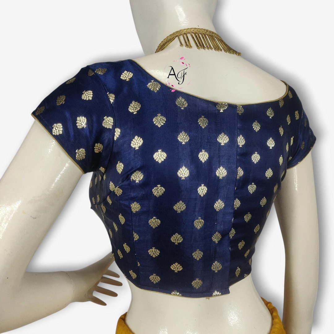 Navy Blue Chanderi Saree Blouse: Boat Neck, Padded, Prince Cut - Etsy