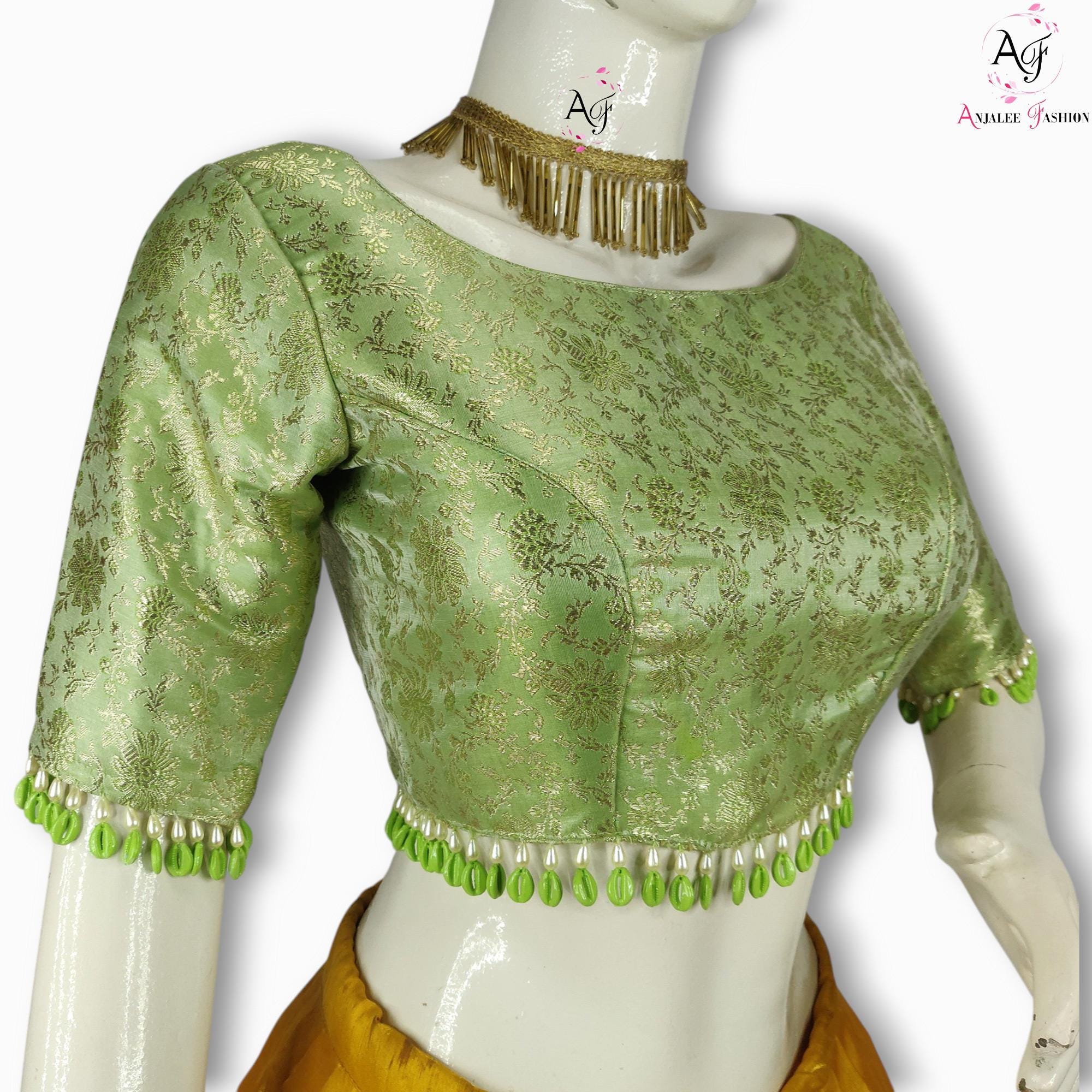 Pista Green Brocade Blouse: Boat Neck, Padded Bust, Prince Cut - Etsy
