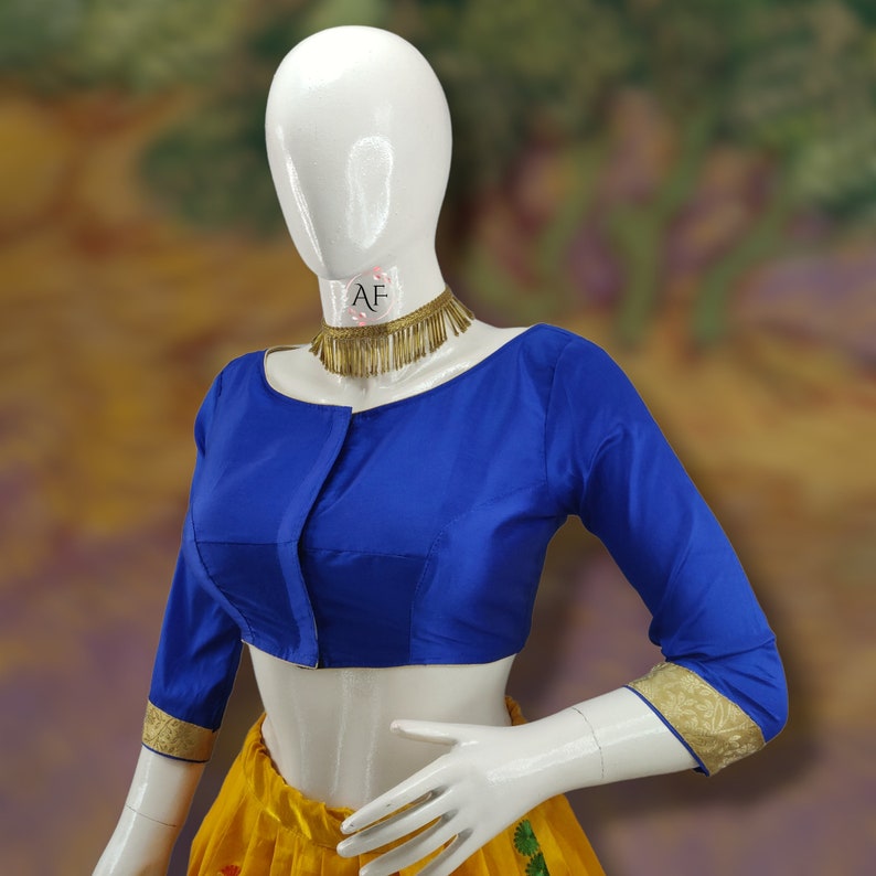 Elegant Royal Blue Silk Blouse With Boat Neck and Elbow Sleeves Perfect ...