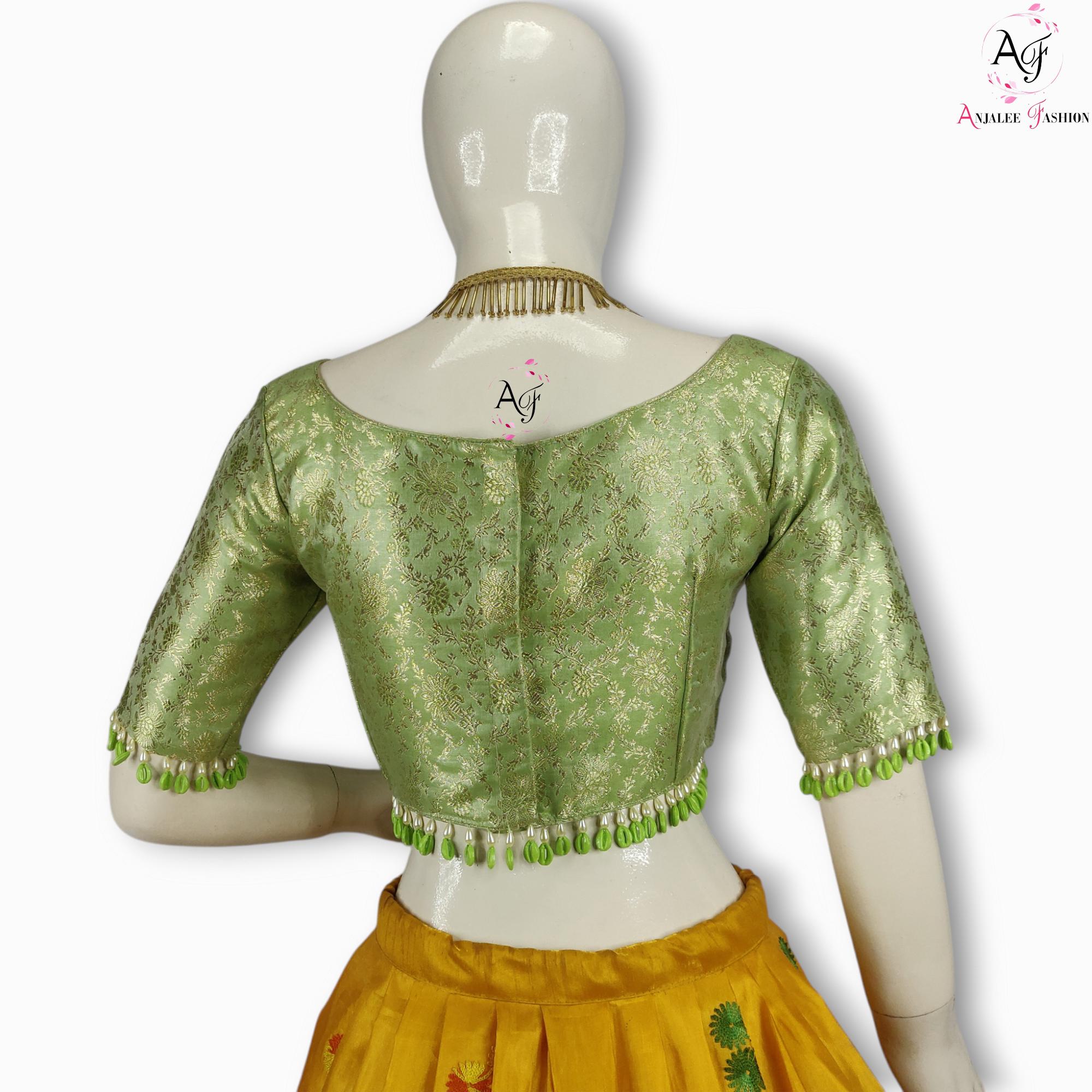 Pista Green Brocade Blouse: Boat Neck, Padded Bust, Prince Cut - Etsy