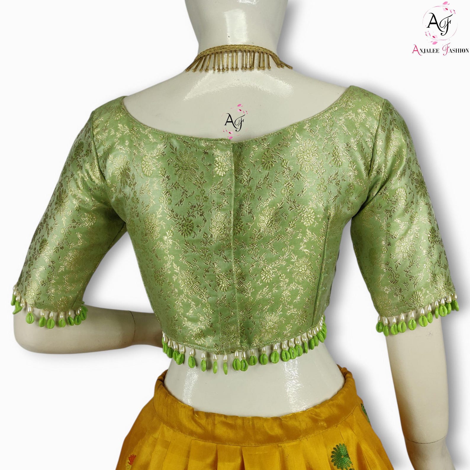 Pista Green Brocade Blouse: Boat Neck, Padded Bust, Prince Cut - Etsy