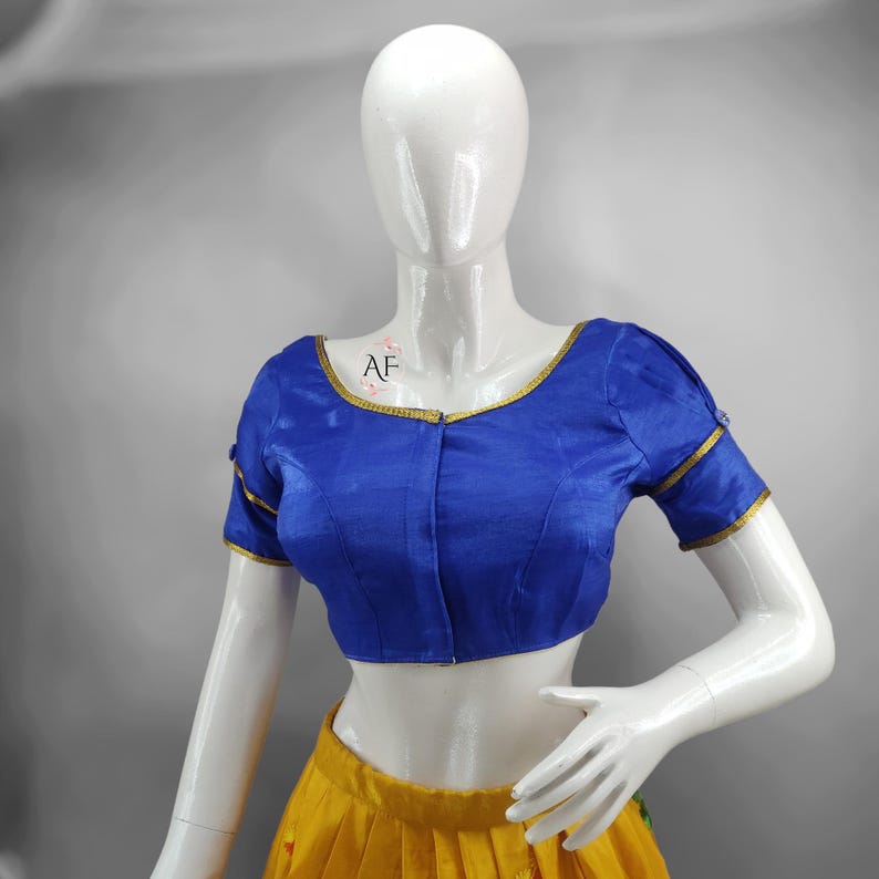 Stylish Blue Silk Blouse | Deep Neck & Puff Sleeves | Golden Lace Trim ...