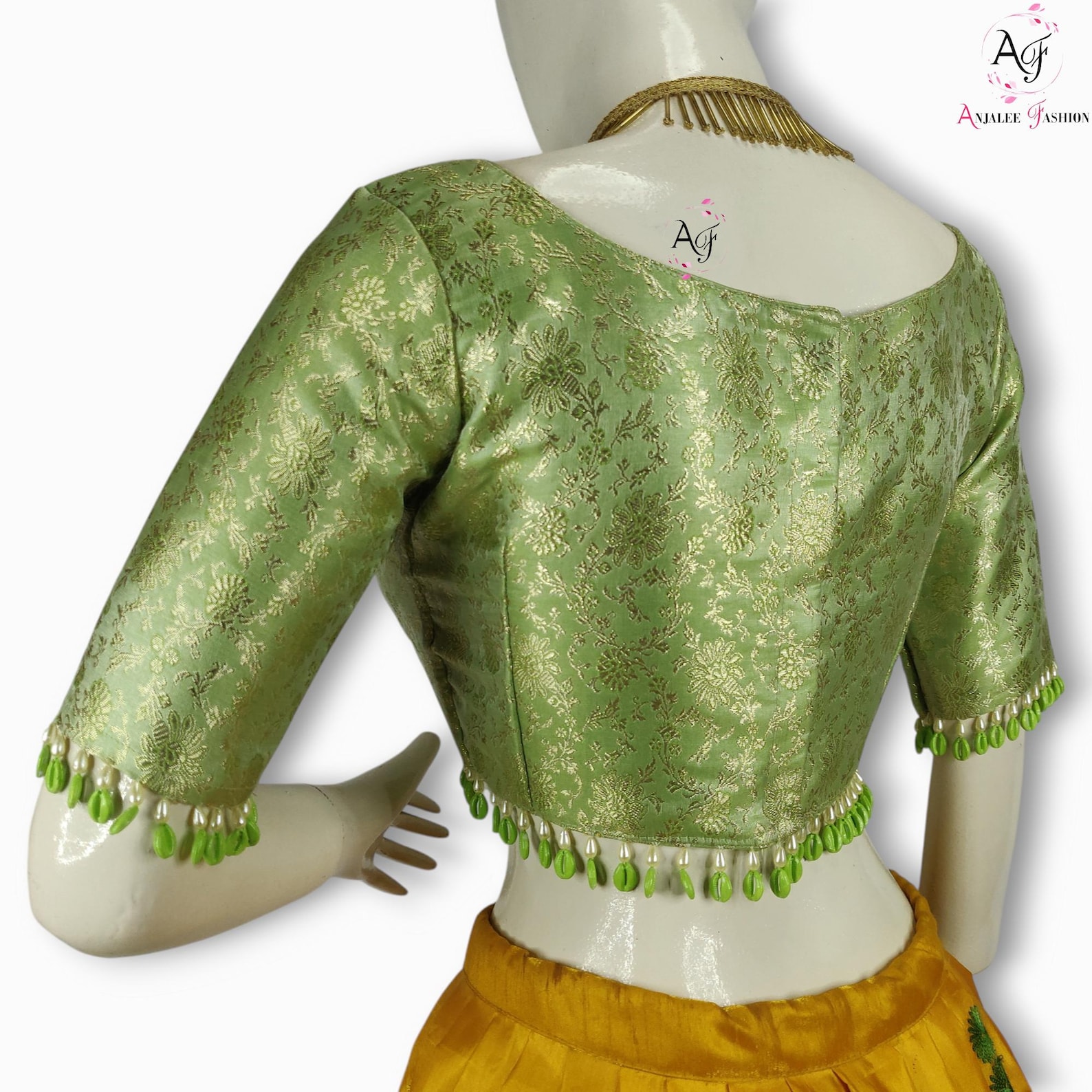 Pista Green Brocade Blouse: Boat Neck, Padded Bust, Prince Cut - Etsy