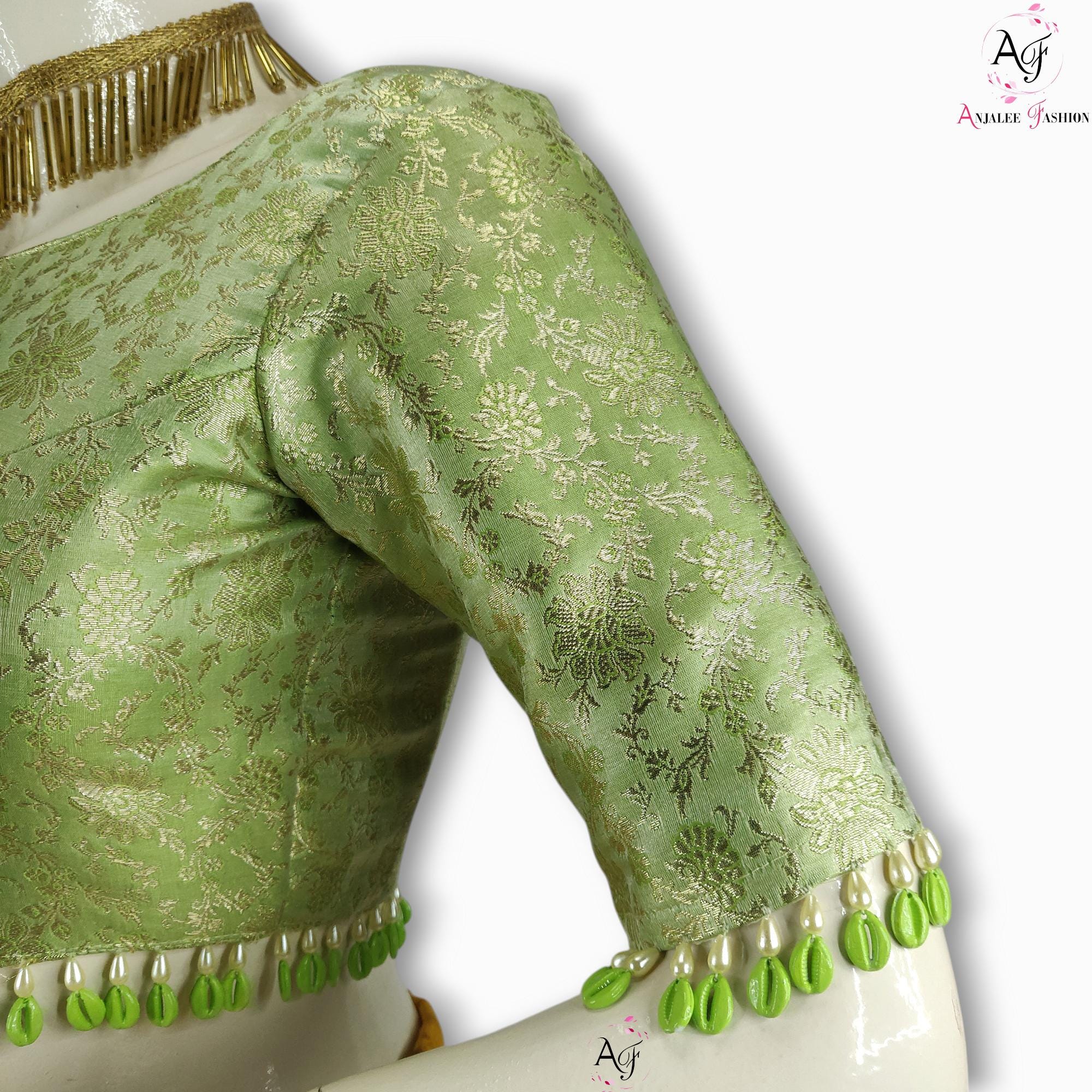 Pista Green Brocade Blouse: Boat Neck, Padded Bust, Prince Cut - Etsy