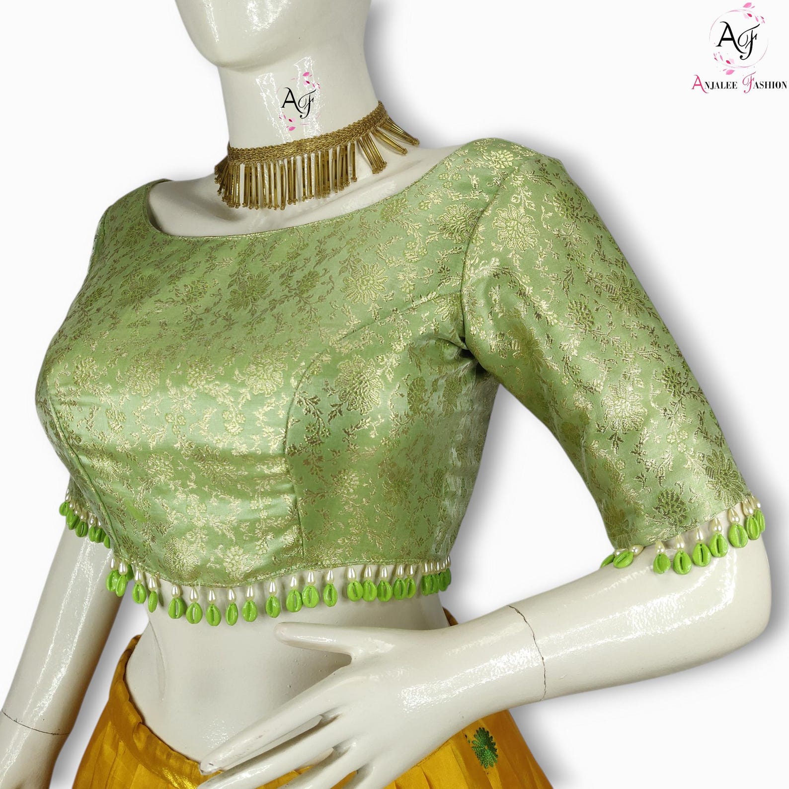 Pista Green Brocade Blouse: Boat Neck, Padded Bust, Prince Cut - Etsy