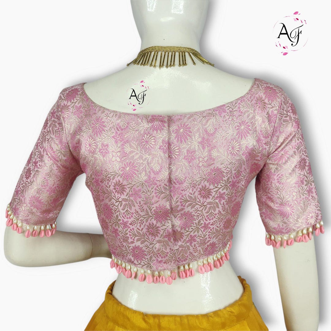 Fluorescent Baby Pink Banarsi Brocade Saree Blouse With Boat Neck and ...
