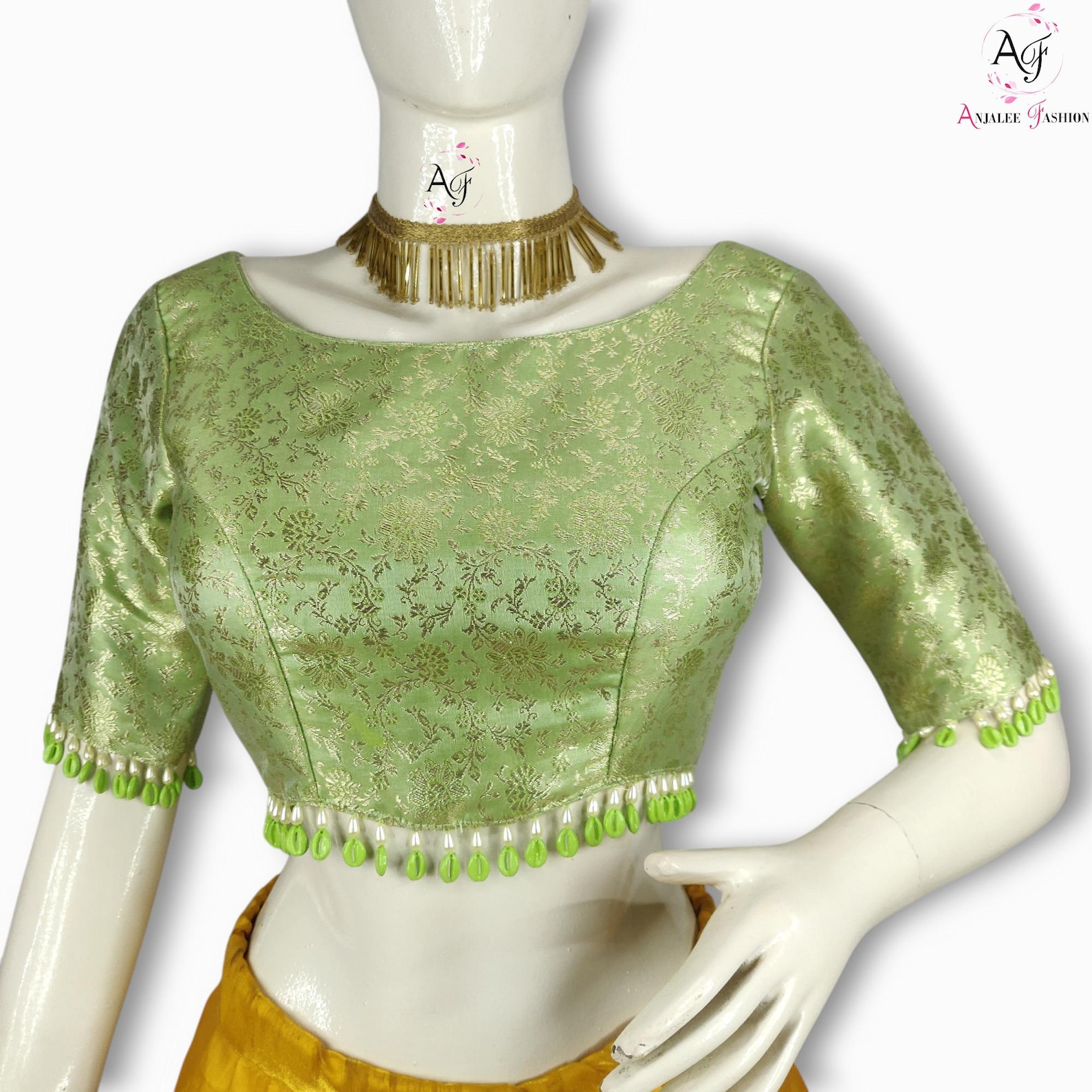Pista Green Brocade Blouse: Boat Neck, Padded Bust, Prince Cut - Etsy
