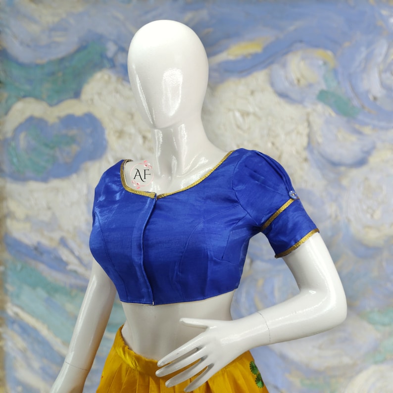 Stylish Blue Silk Blouse | Deep Neck & Puff Sleeves | Golden Lace Trim ...