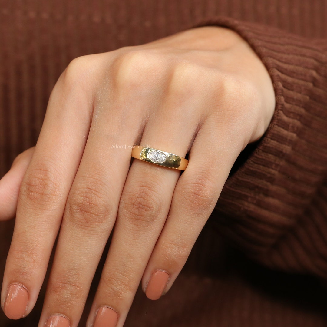 Flush Set Oval Moissanite Cigar Band/gold Signet Ring/thick Pinky Ring ...