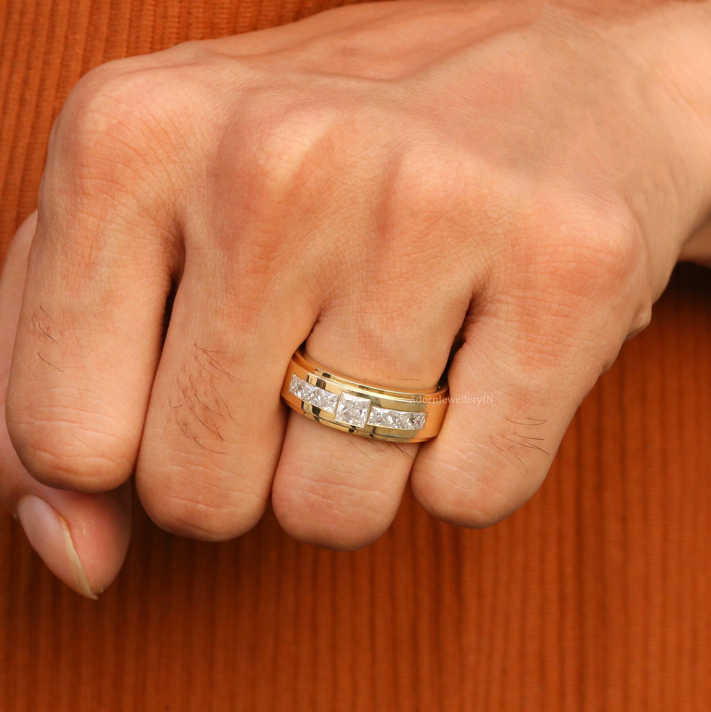 14K Gold Mens Engagement Ring/wide Eternity Band/mens Princess Cut ...