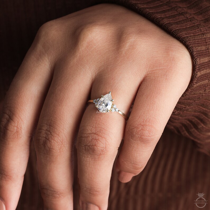 6 Prongs Pear Moissanite Engagement Ring 14k Gold Tear Drop Wedding ...