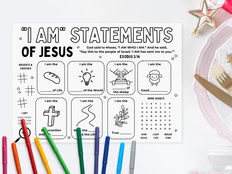 I Am Statements of Jesus Bible Coloring Placemat Printable | Sunday ...