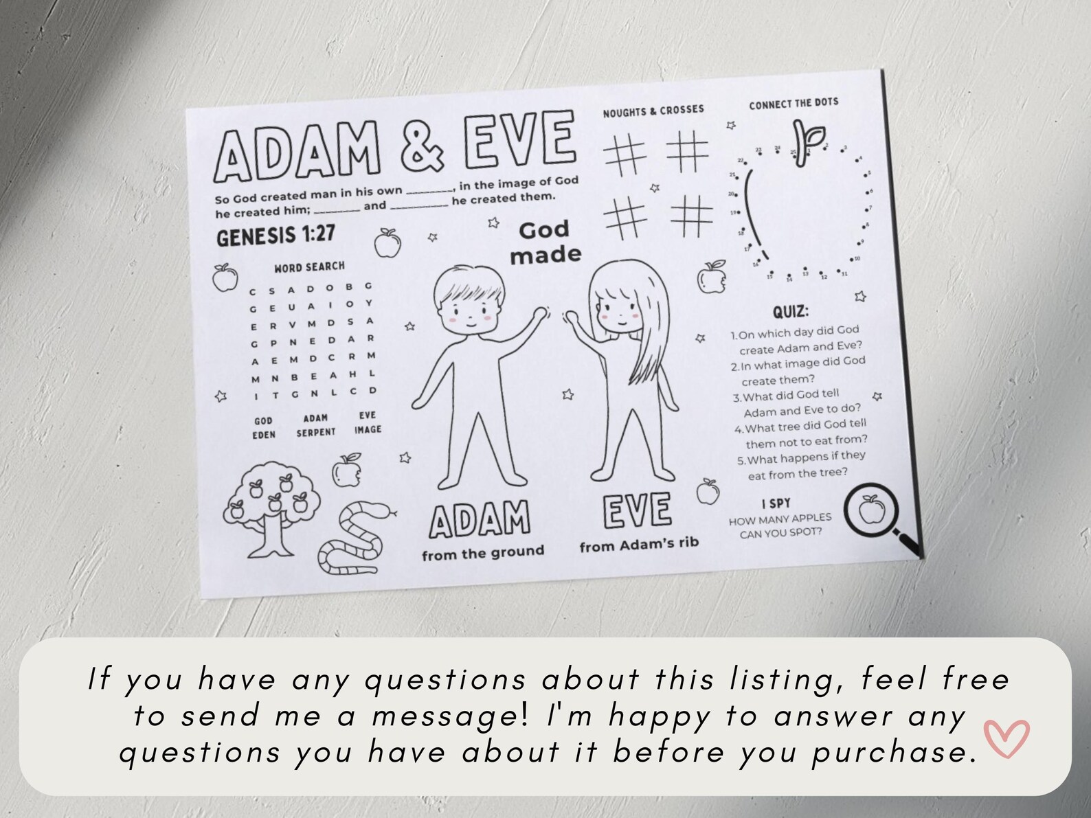 Adam and Eve Activity Sheet Printable | Garden of Eden Placemat ...