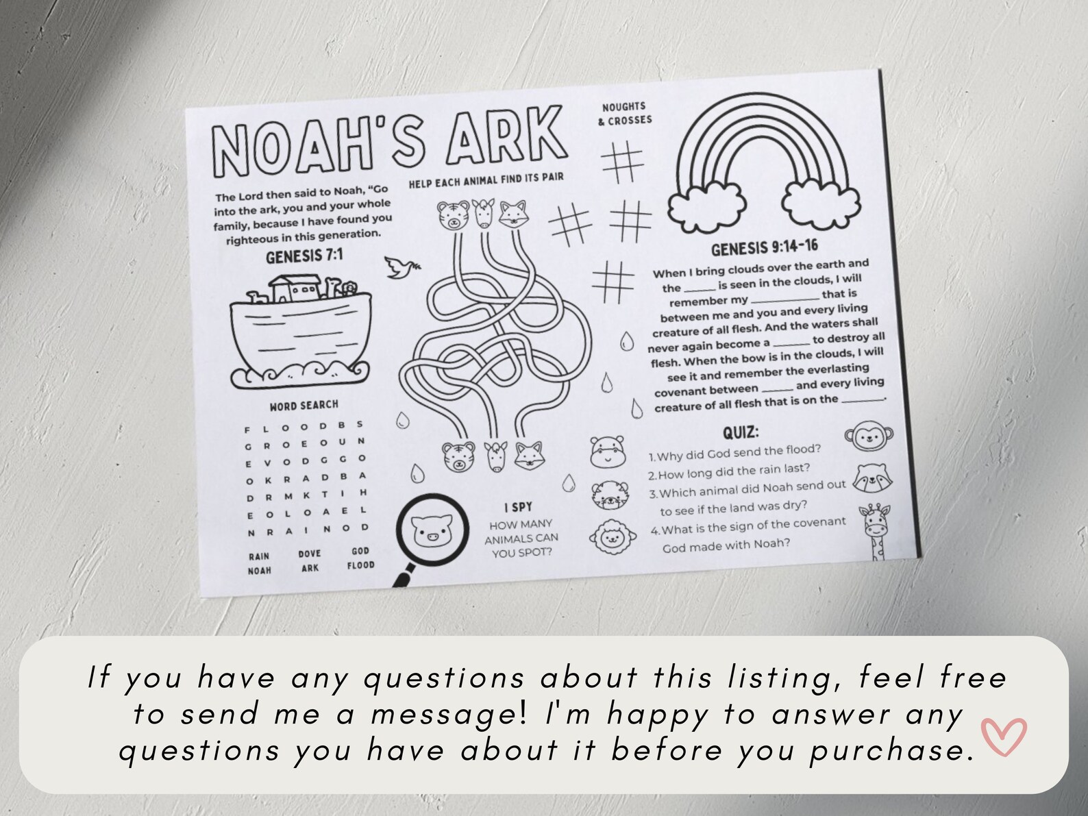 Noahs Ark Acitivity Game Placemat Printable | Flood Rainbow Bible Story ...