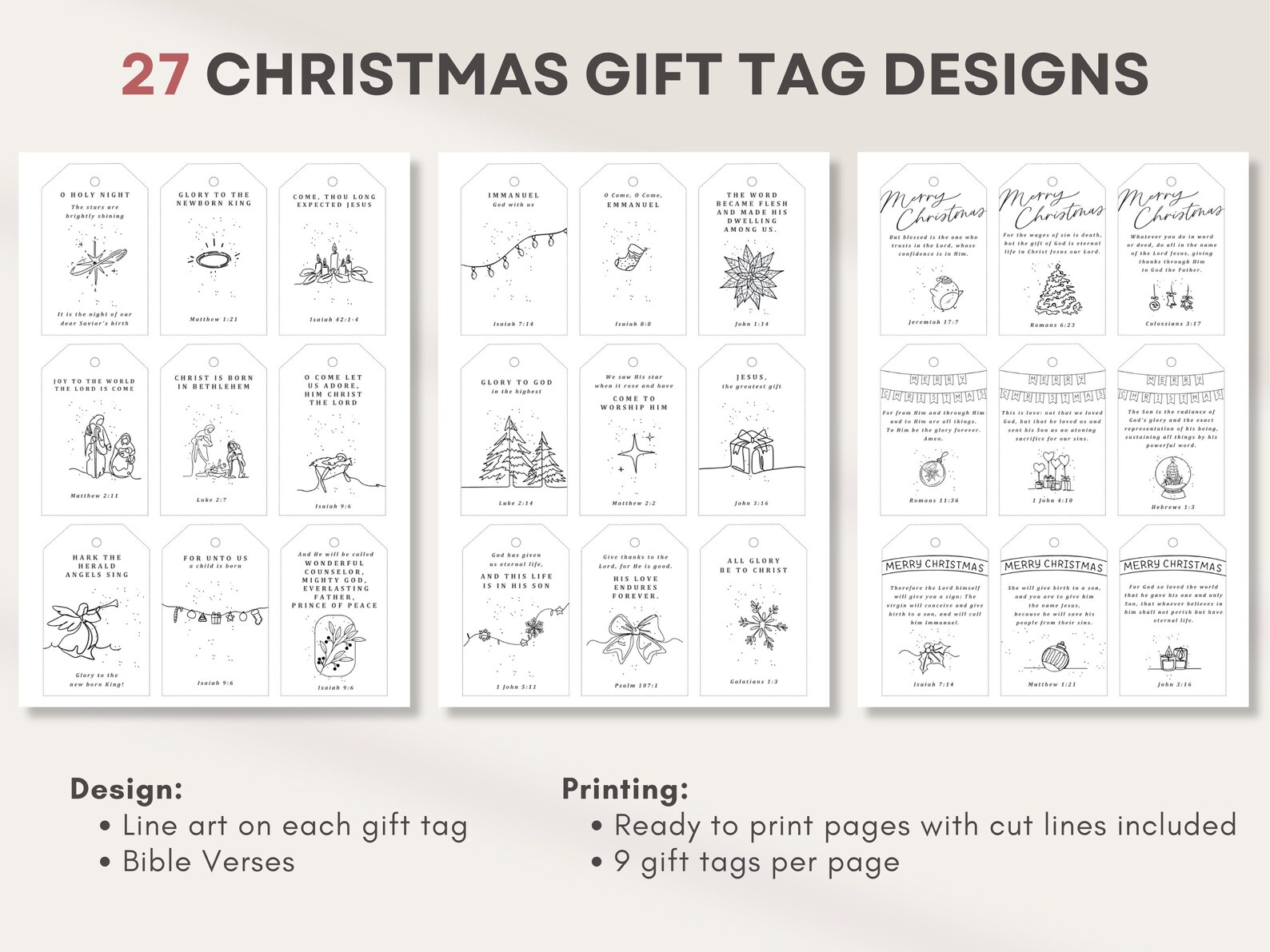 Christian Christmas Cards & Gift Tags Printable | Modern Line Art ...