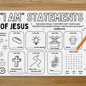 I Am Statements of Jesus Bible Coloring Placemat Printable | Sunday ...